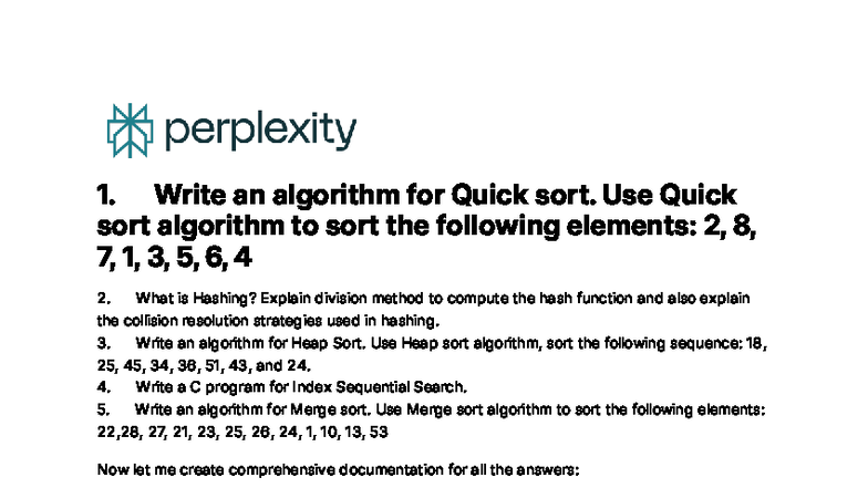 DS UNIT 3 Algorithms: Quick Sort, Heap Sort, Merge Sort & Hashing - Studocu