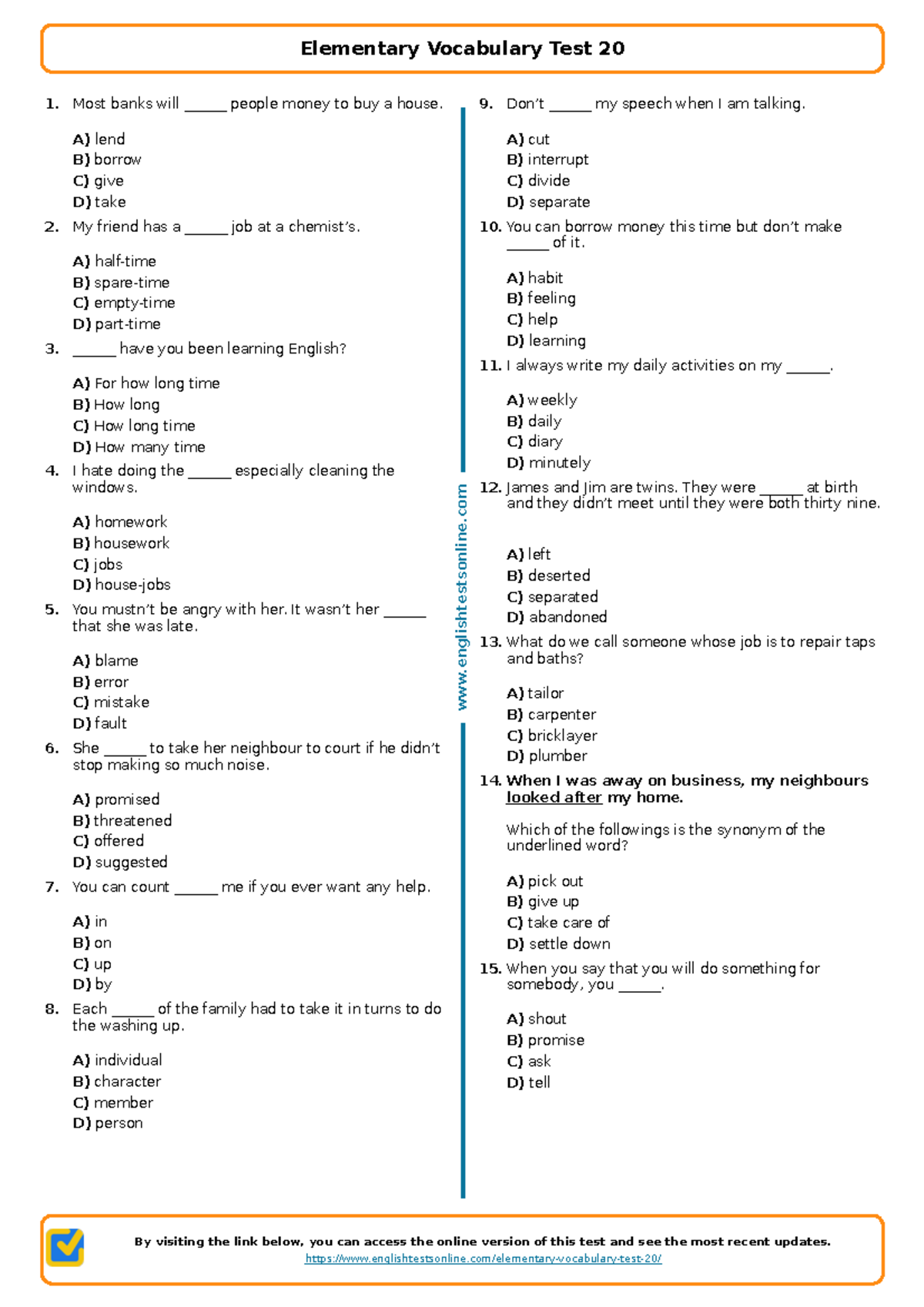 Elementary Vocabulary Test 20: Practice Questions and Answers - Studocu