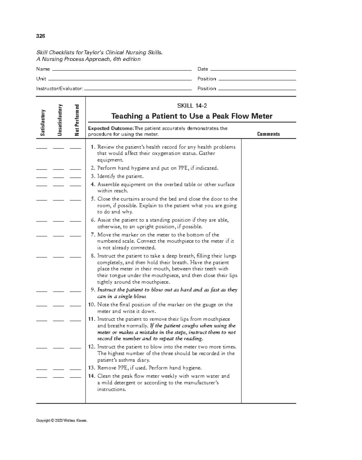 326 Skill Checklists for Clinical Nursing Skills: Teaching Peak Flow ...