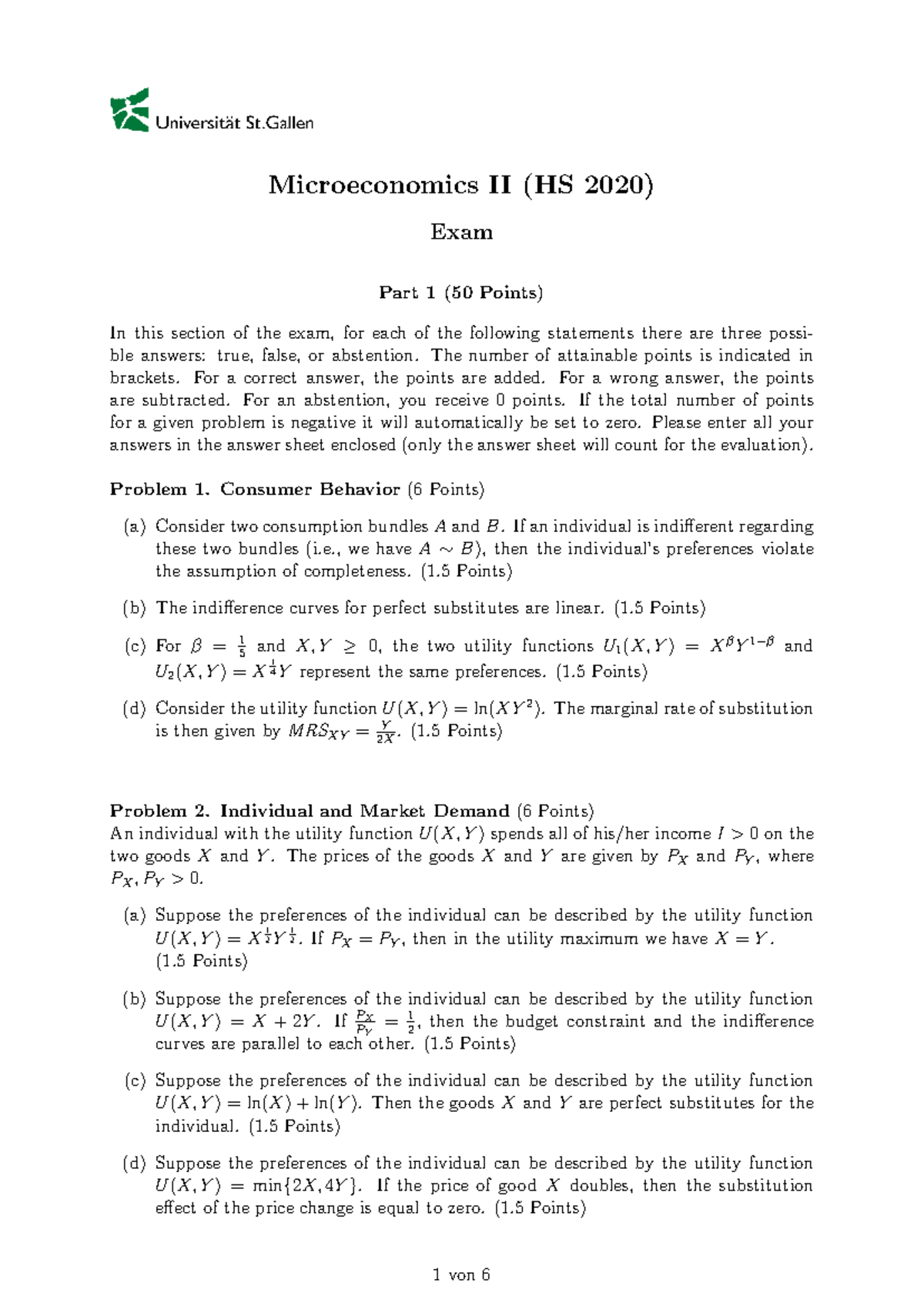 Microeconomics II (HS 2020) Final Exam Part 1 & 2 Overview - Studocu