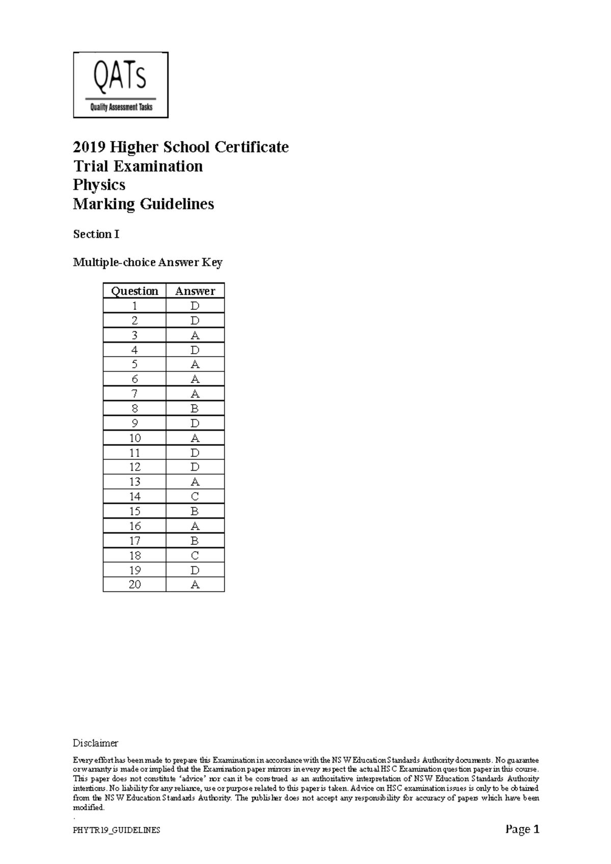QATS 2019 HSC Physics Trial Exam Solutions: Marking Guidelines & Answers - Studocu