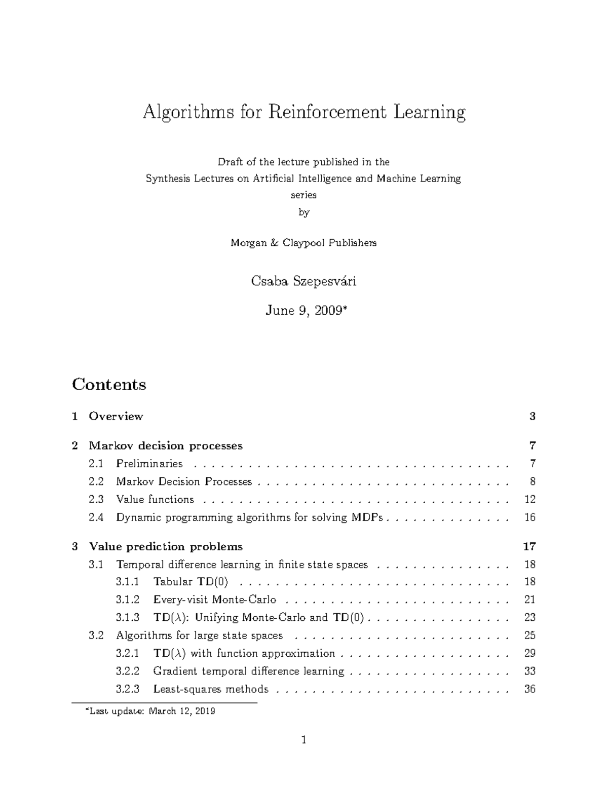 RLAlgs In MDPs - vbxcvb - Algorithms for Reinforcement Learning Draft of the lecture published ...