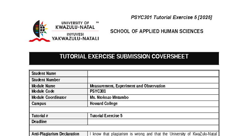 PSYC301 Tutorial Exercise 5: Measurement, Experiment & Observation ...
