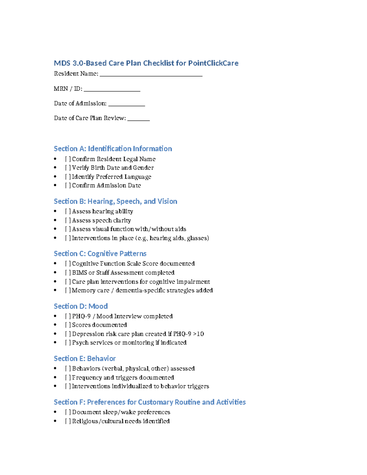MDS3 Care Plan Checklist for PointClickCare: Comprehensive Guide - Studocu