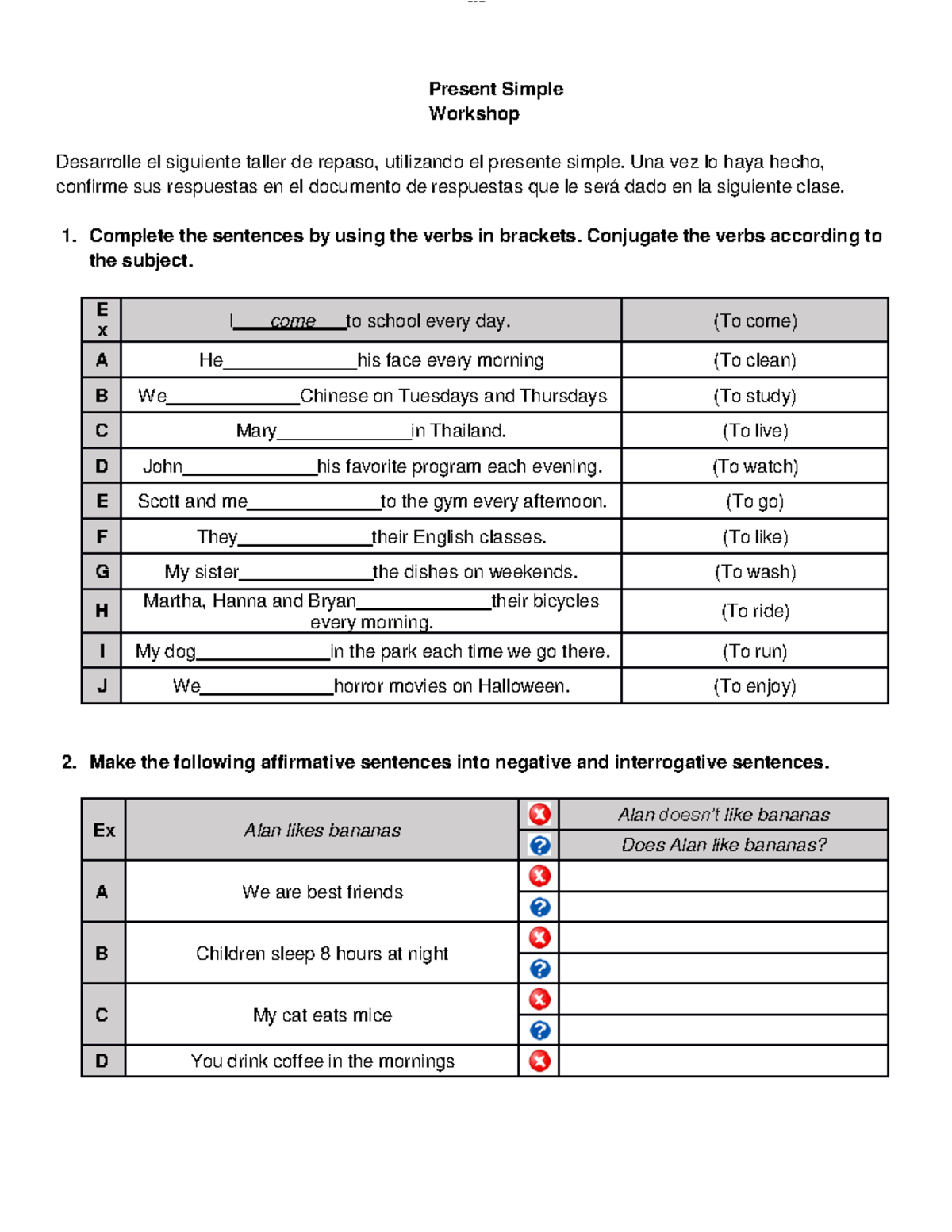 Taller de Repaso: Presente Simple - Ejercicios y Correcciones - Studocu