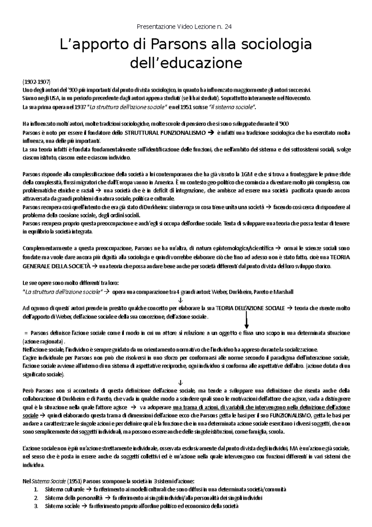 Parsons e la Sociologia dell'Educazione: Fondamenti e Critiche - Studocu