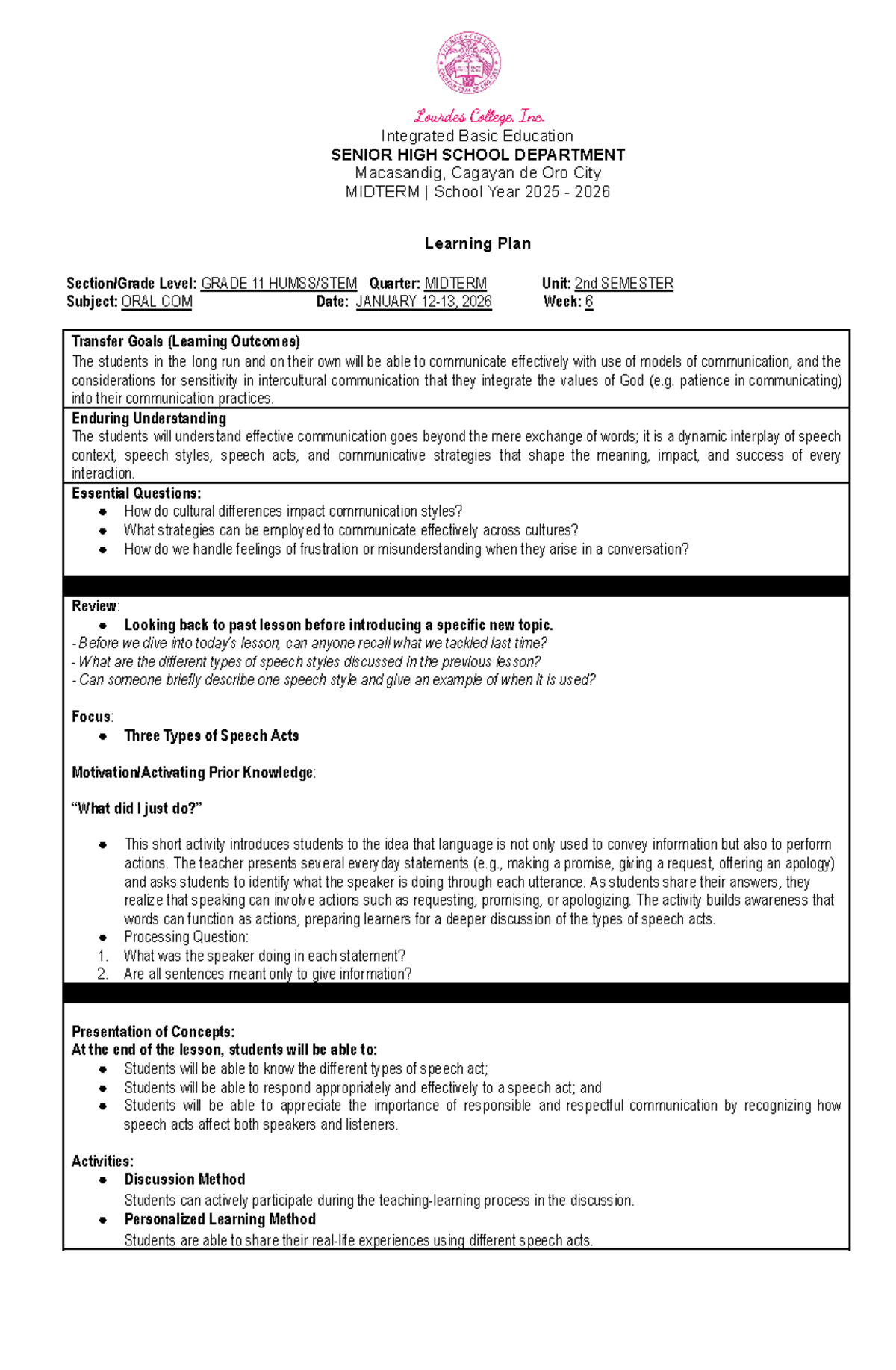 Lourdes College, Inc. GRADE 11 ORAL COM MIDTERM Learning Plan Week 8 ...