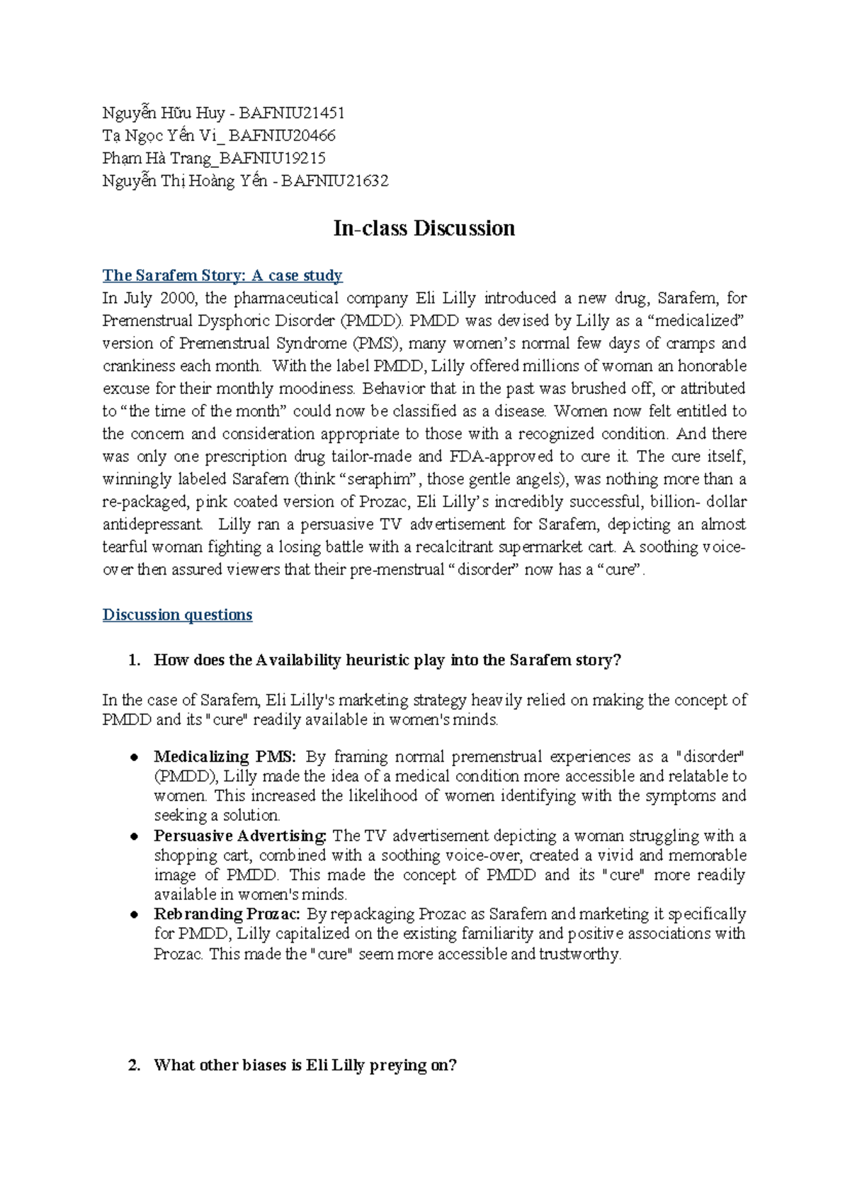 In-Class Discussion 1 (BF): The Sarafem Case Study Analysis - Studocu