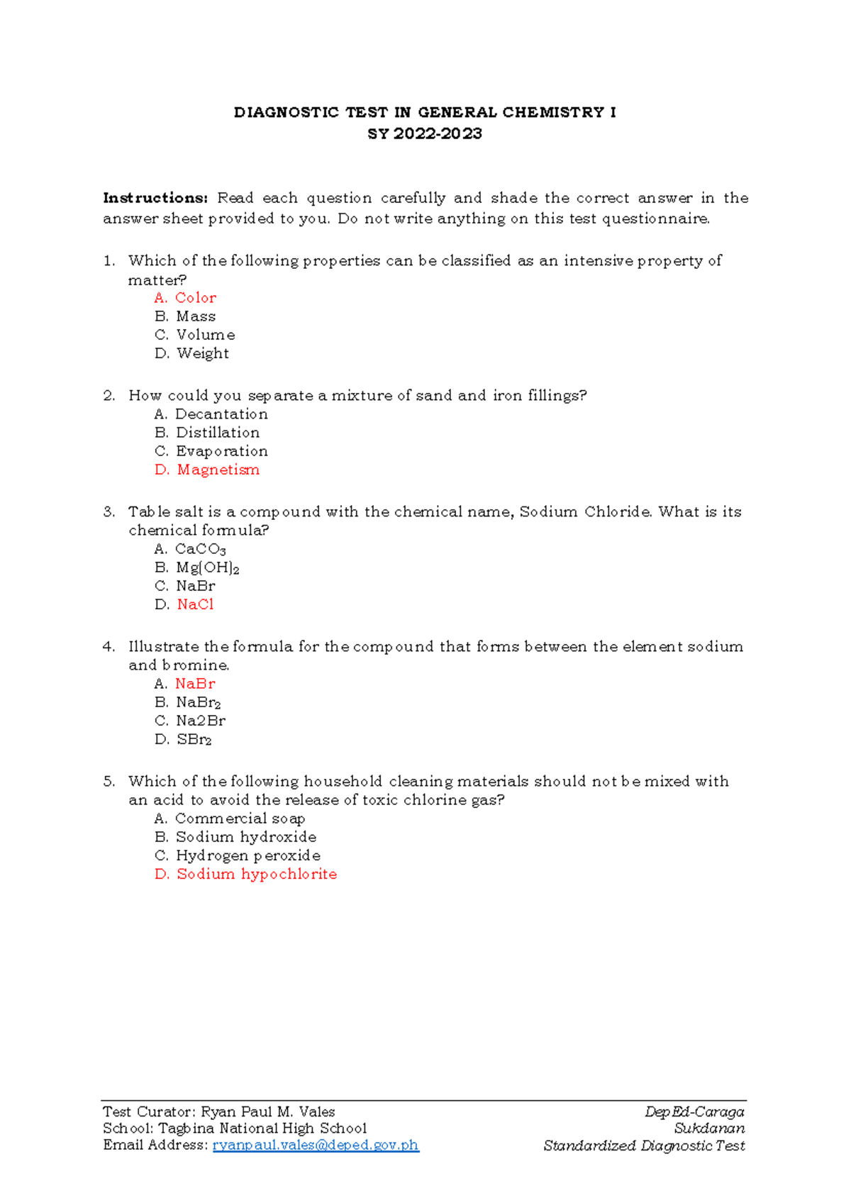 GC1 Diagnostic Test Answer Key - General Chemistry I Answers - Studocu