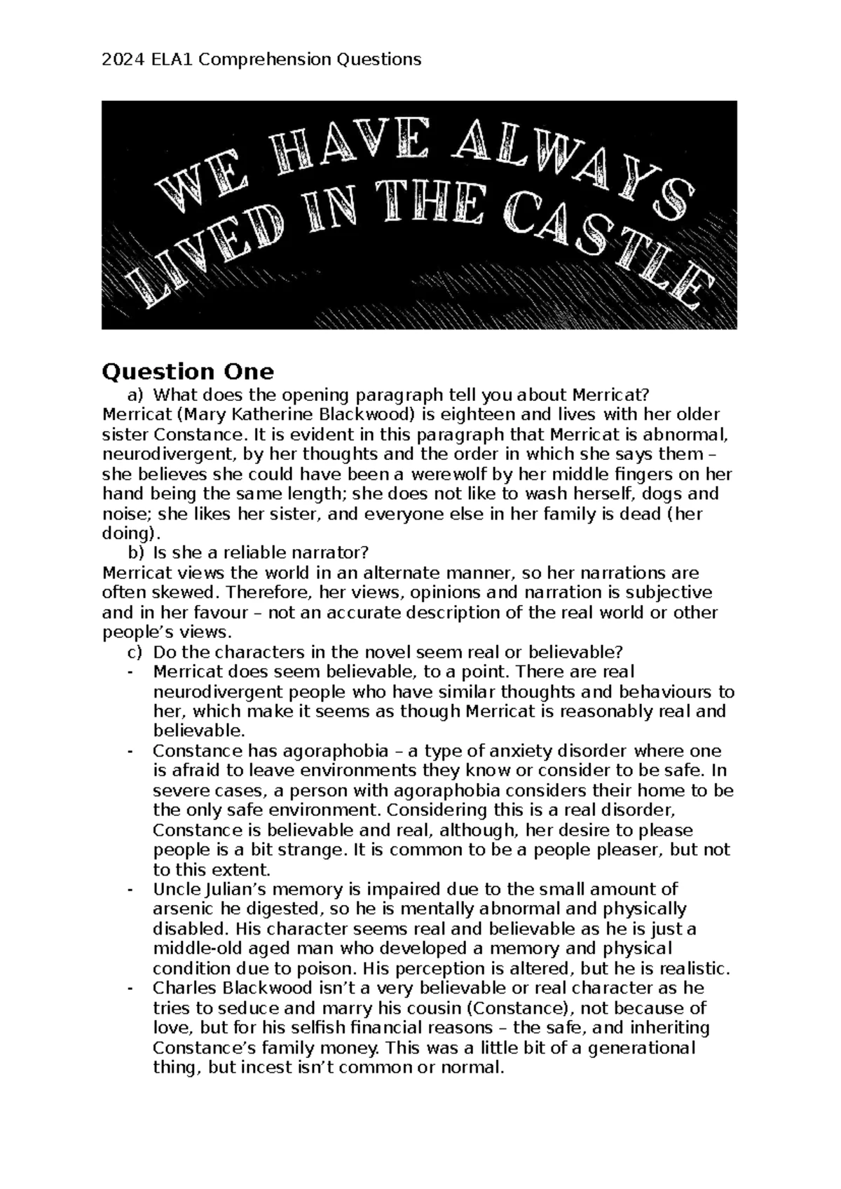 Whalitc Themes Analysis: We Have Always Lived in the Castle - Studocu