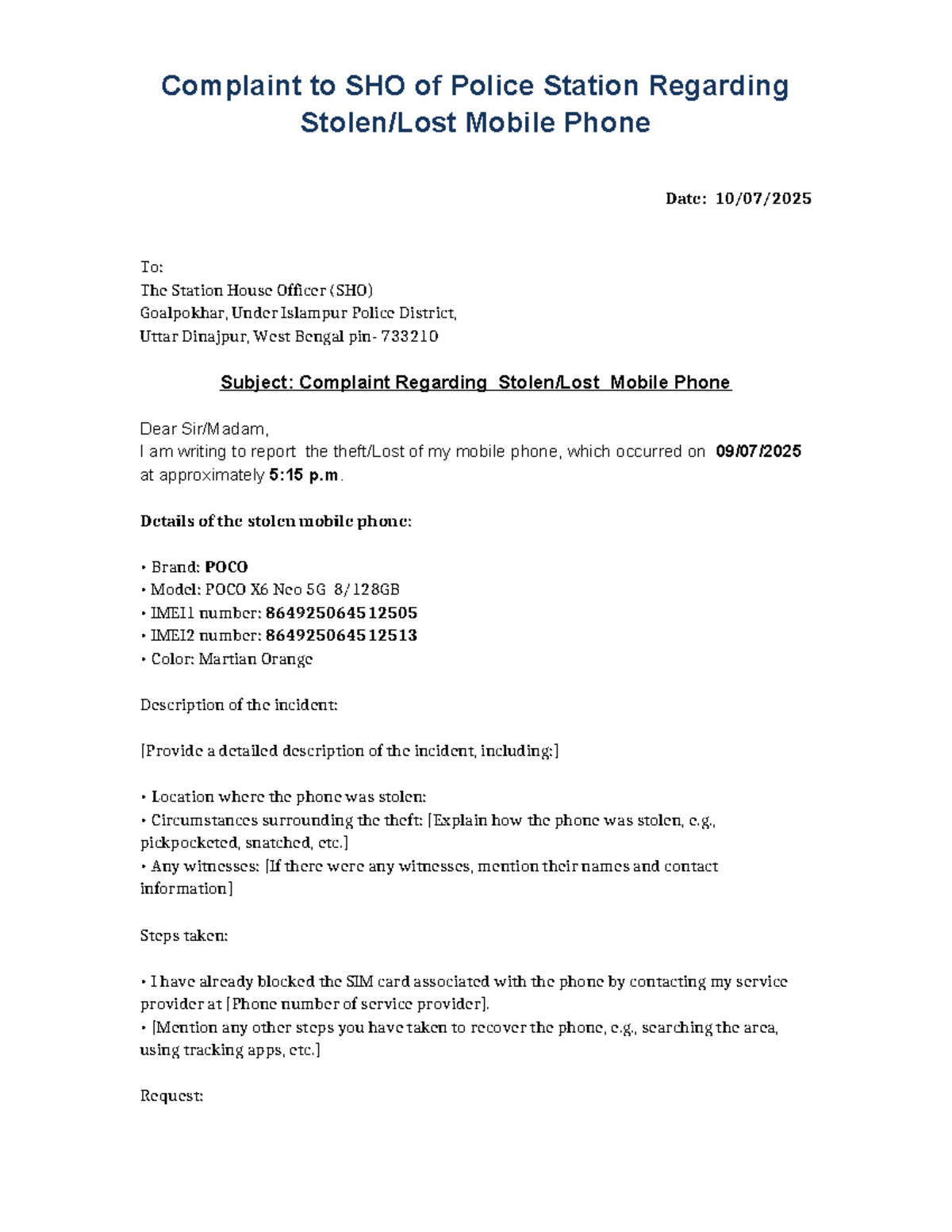 Complaint Format for Stolen Mobile Phone Report - Studocu