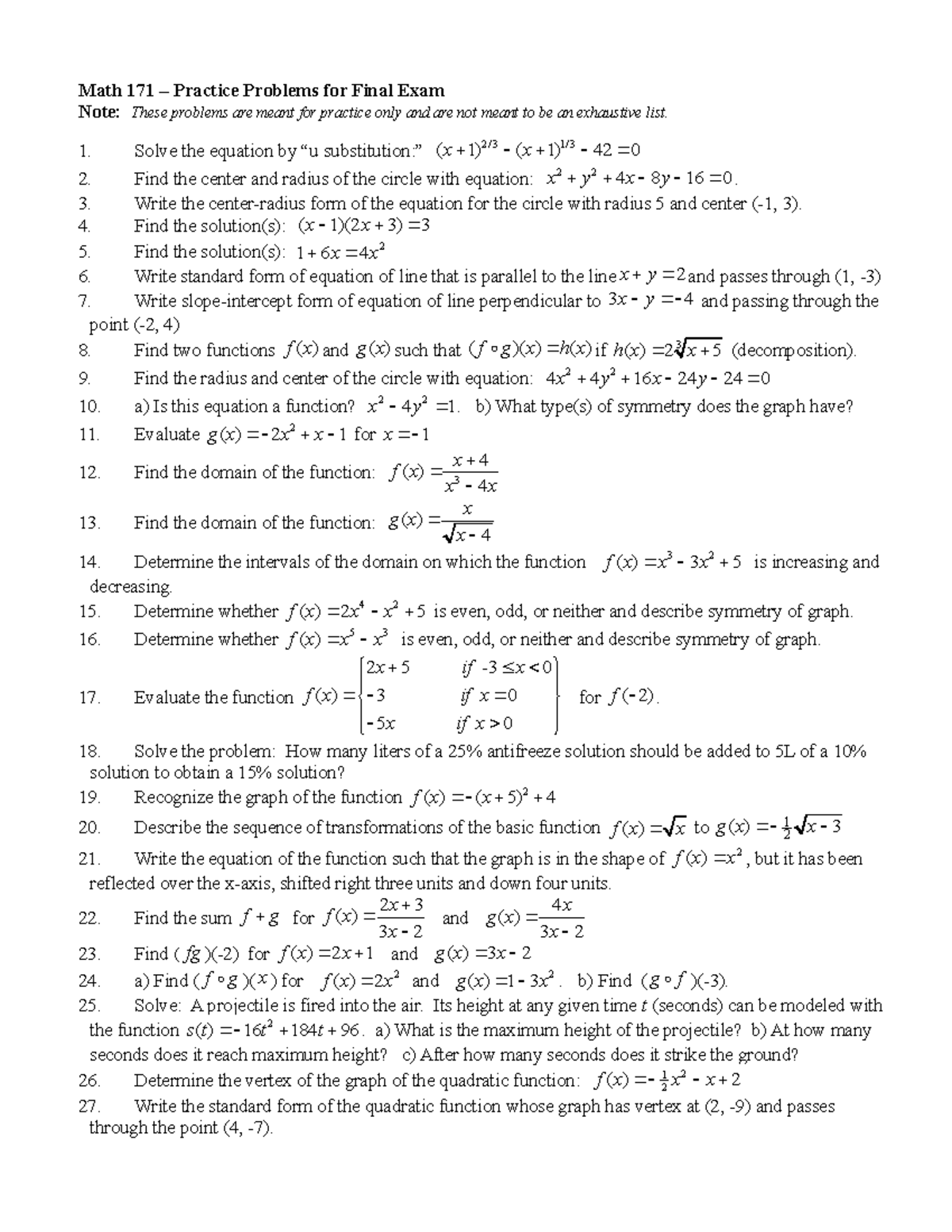 Math 171 - Final Exam Practice Problems 2019 Study Guide - Studocu