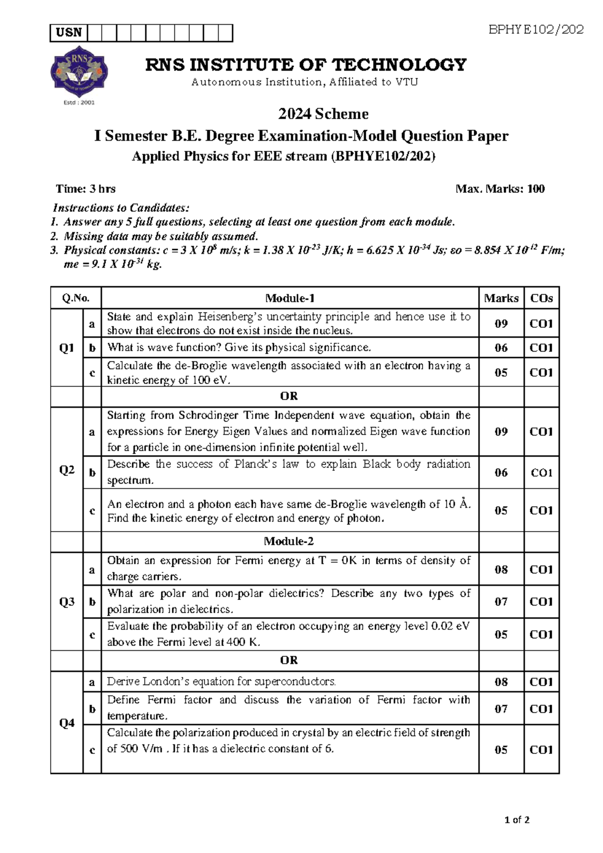Applied Physics Model Question Paper - USN RNSIT EEE 2024 - Studocu
