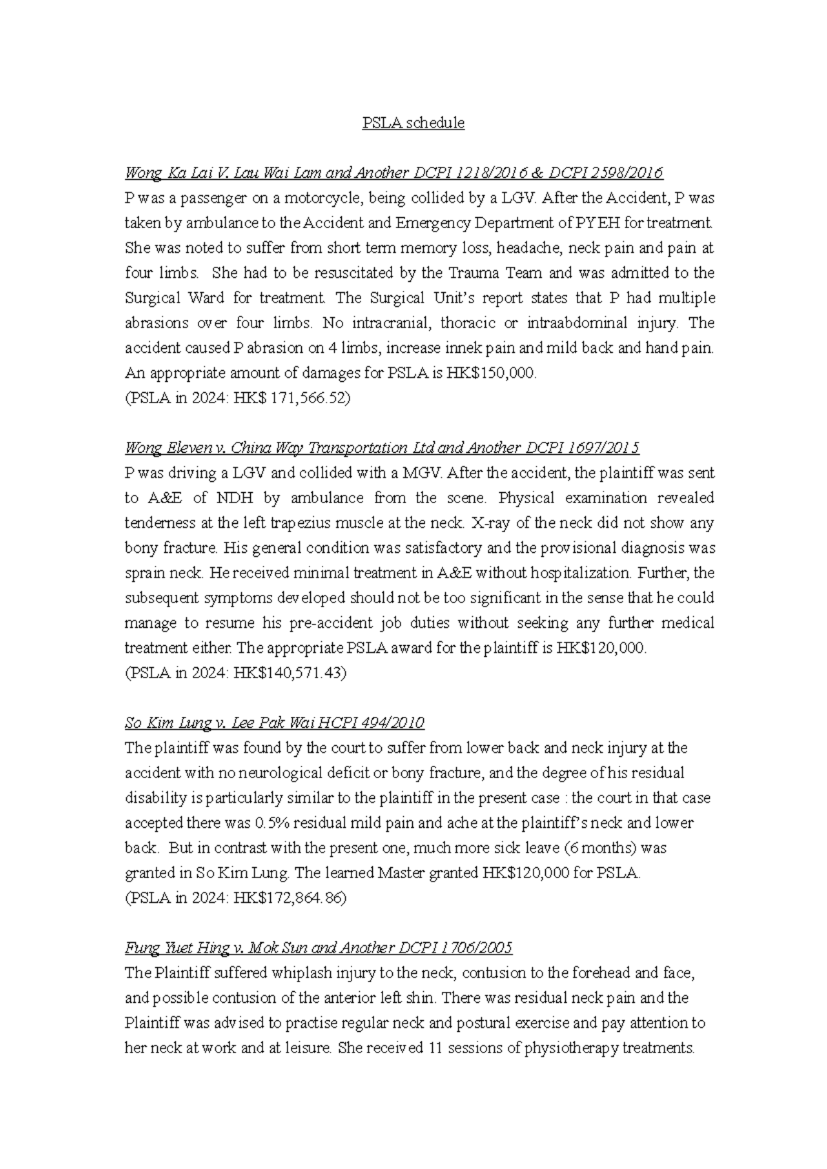 PSLA Schedule 2024: Injury Claims and Awards Overview - Studocu