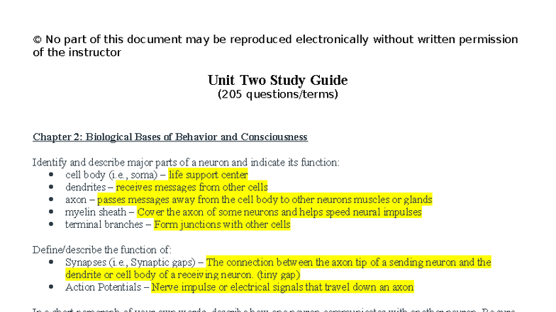 Unit 2 Study Guide: Biological Bases of Behavior (PSY 205) - Studocu