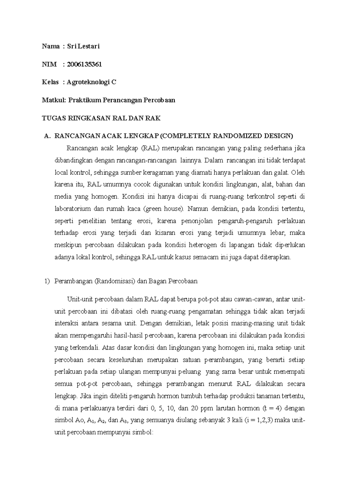 Perbedaan RAL dan RAK dalam Praktikum Perancangan Percobaan - Studocu