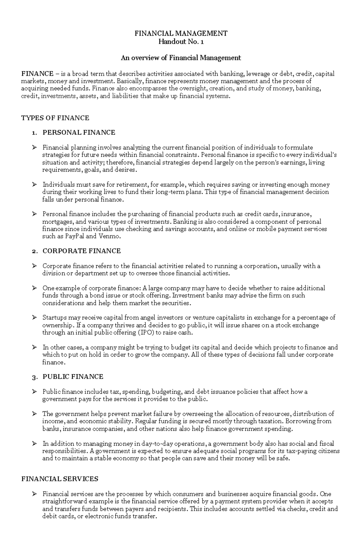 Overview of Financial Management - FINANCIAL MANAGEMENT Handout No. 1 ...