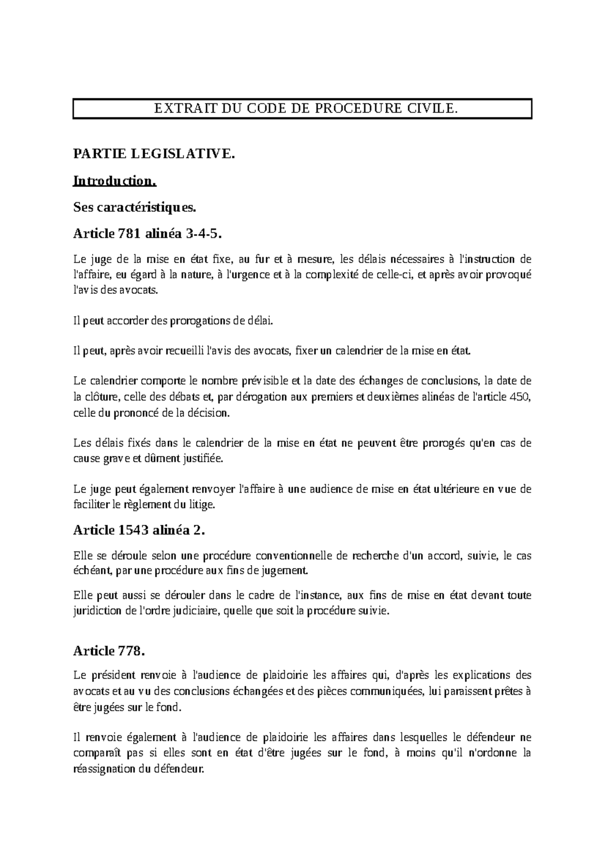 Extraits du Code de Procédure Civile - Partie Législative - Studocu