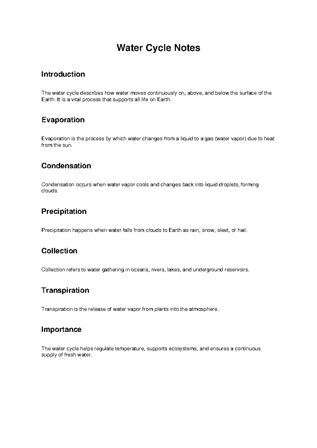 Water Cycle Notes: Understanding the Essential Process - Studocu