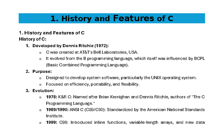 C Programming: History, Features, and Basics (CS101) - Studocu