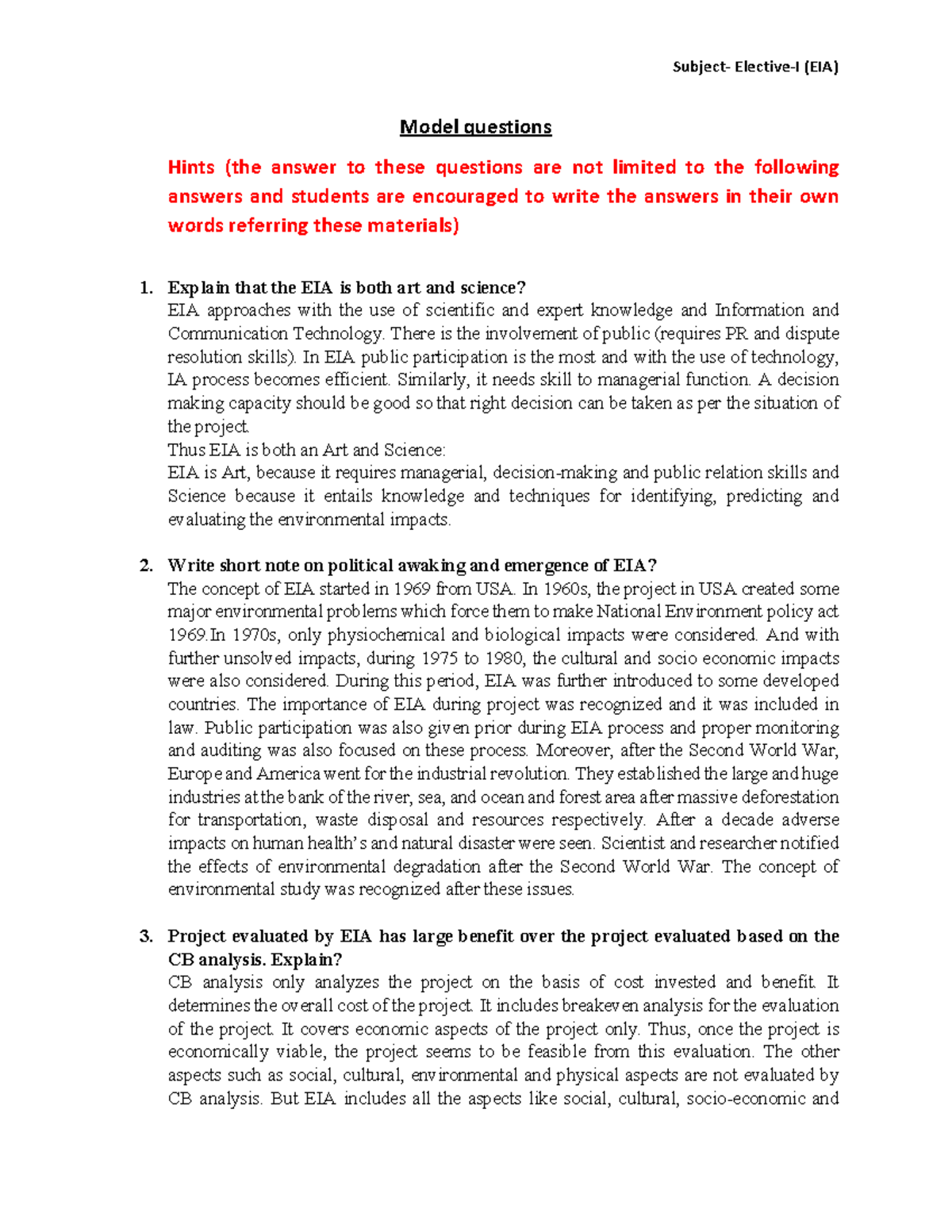 EIA 101: Essential Model Q&As for Environmental Impact Assessment - Studocu