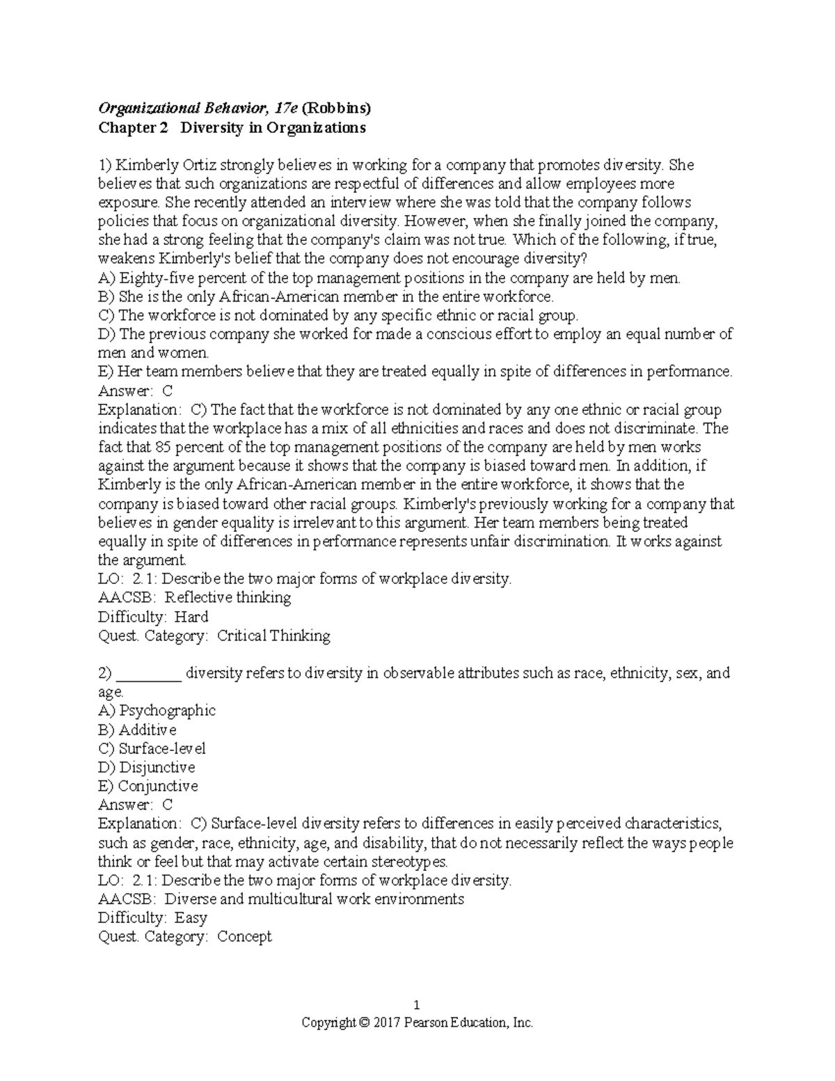 Test Bank MGMT340 CH2 - 1 Organizational Behavior, 17e (Robbins ...