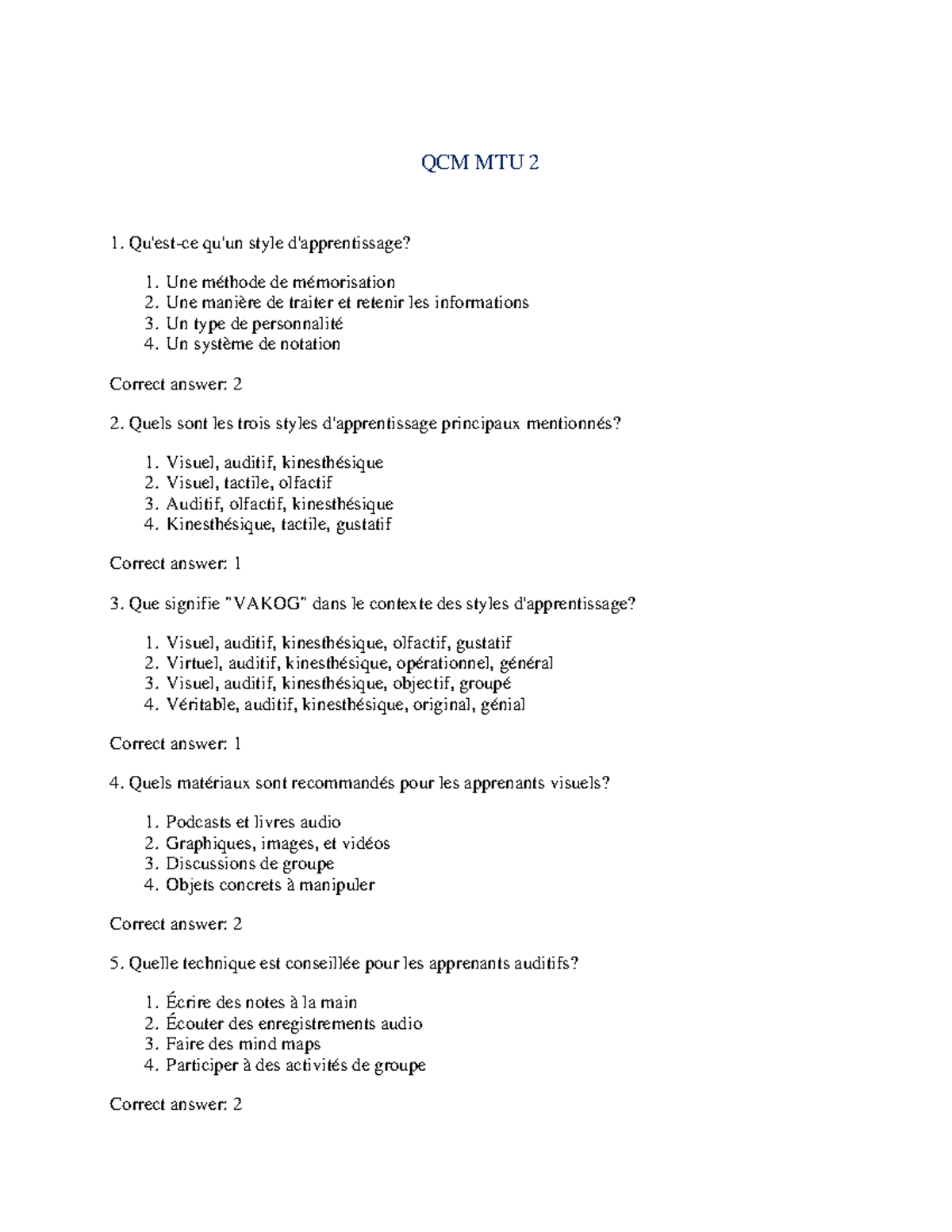 QCM M2 correction. - LEARN - QCM MTU 2 Qu'est-ce qu'un style d ...