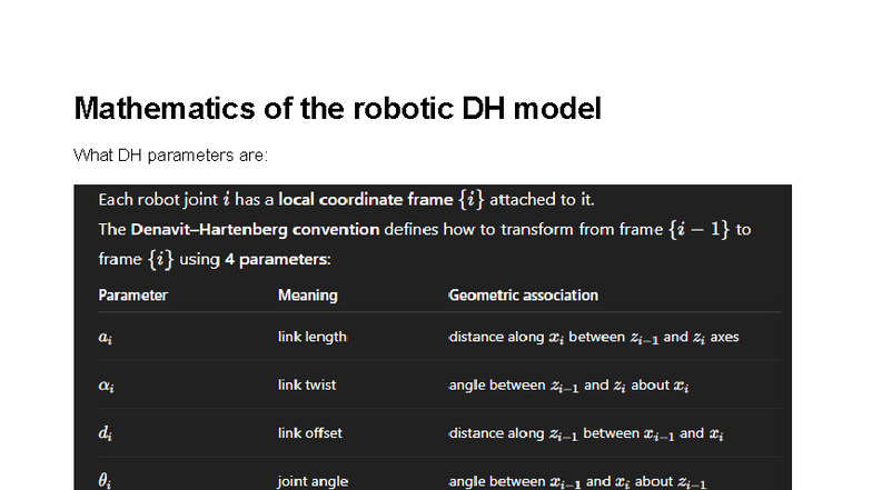 Mathematics of the robotic DH model - 448 , 0. 042 , 0 , 0 , 0 ] d ...