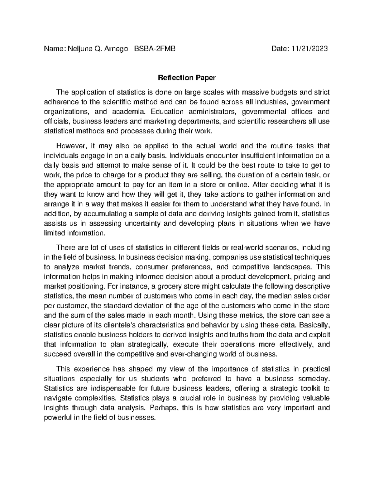 Reflection Paper on the Importance of Statistics in Business (STAT1 ...
