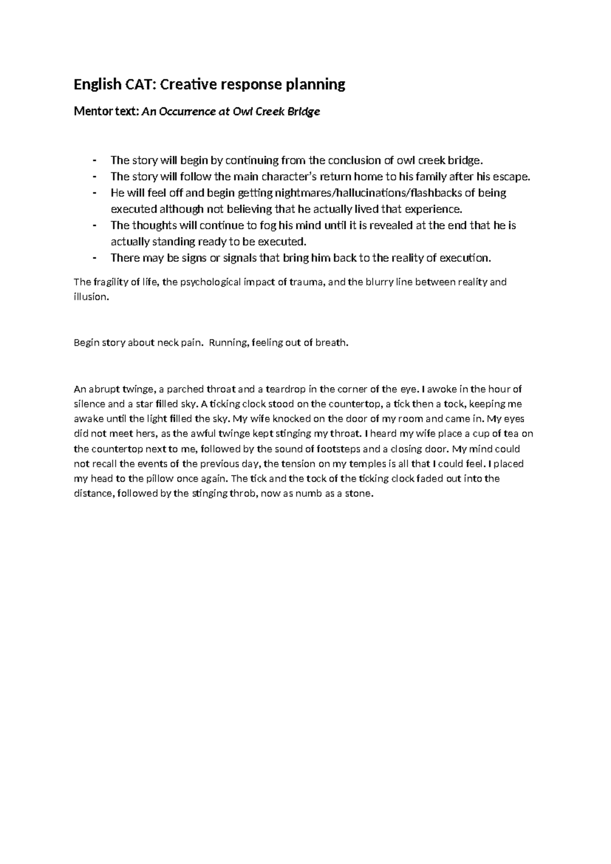 English CAT: Creative Response Plan for "An Occurrence at Owl Creek ...