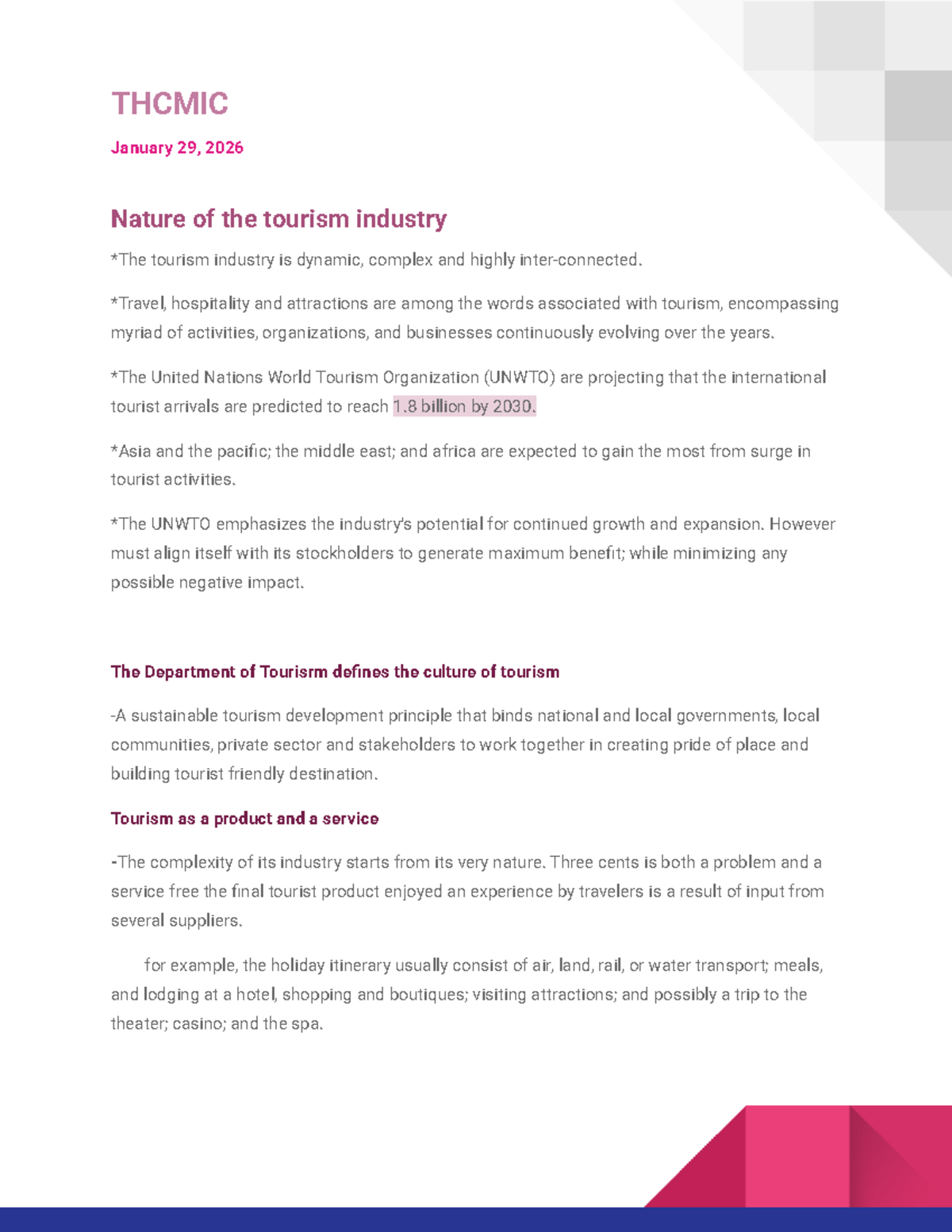 THCMIC January 2026: Understanding the Dynamic Tourism Industry - Studocu