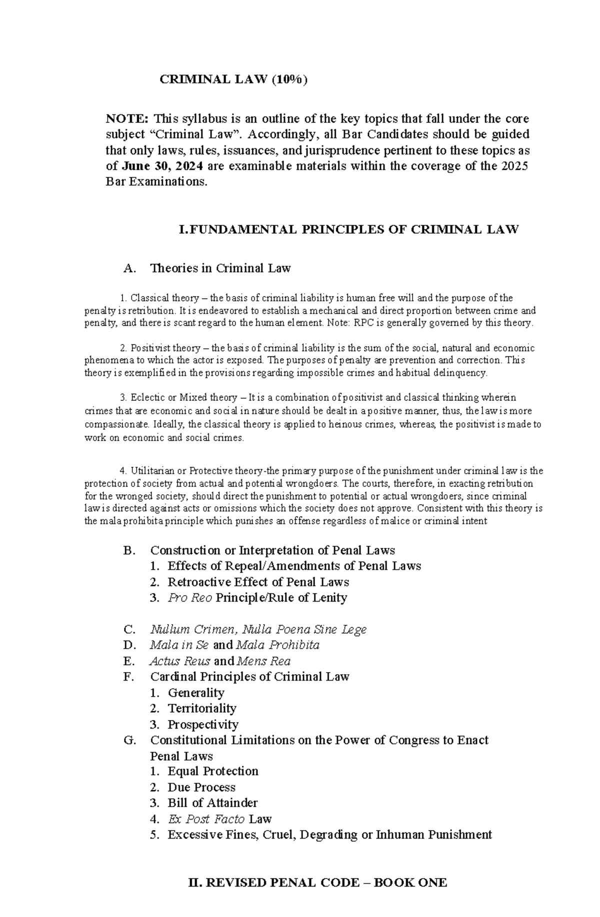 Criminal Law Syllabus Overview for 2025 Bar Exam Preparation - Studocu