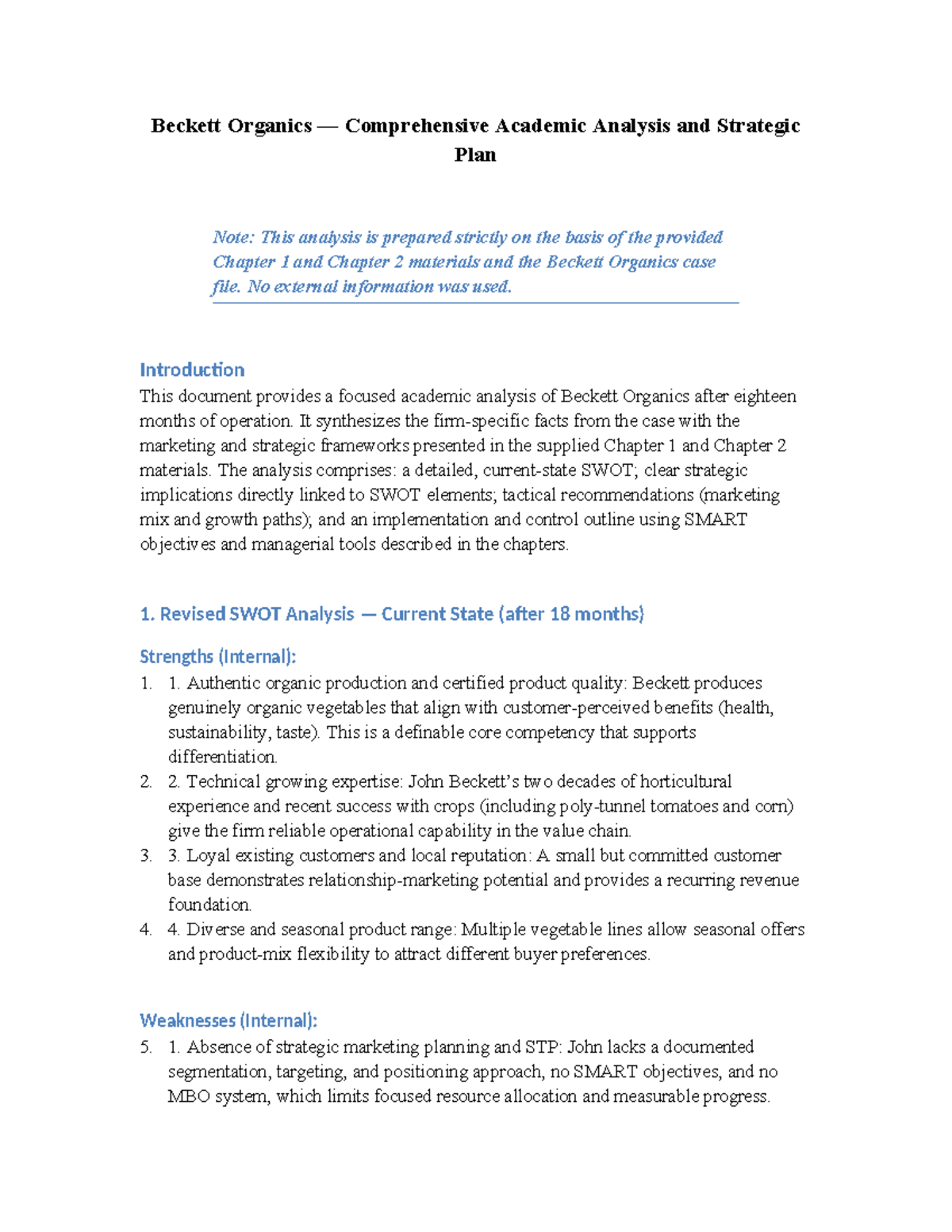 Beckett Organics Case Study: Strategic Analysis & Recommendations - Studocu