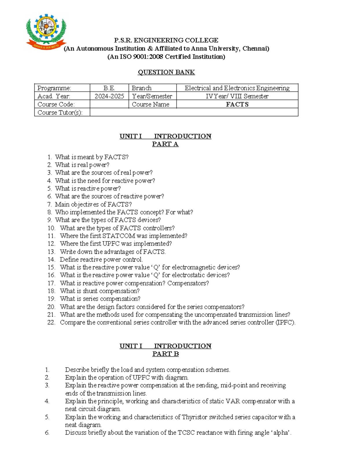 Question Bank: FACTS - B.E. Electrical and Electronics Engineering - Studocu