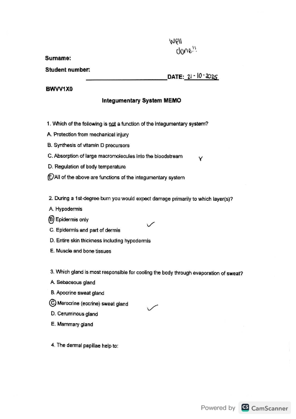 Anatomy BWVV1X0 - Integumentary System Quiz 5 - Studocu