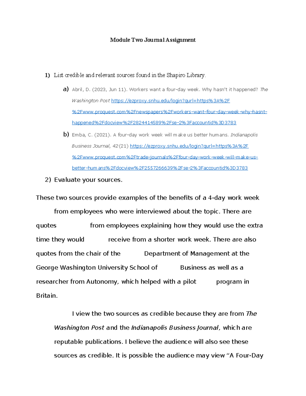 ENG 190 Module Two Journal: Source Evaluation on 4-Day Work Week - Studocu