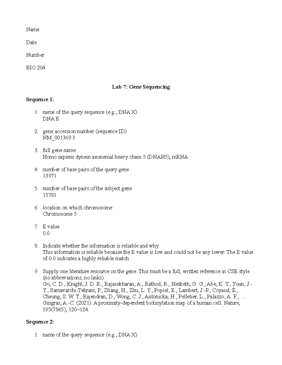 BIO 204 Lab Report #7: Gene Sequencing Analysis and Findings - Studocu