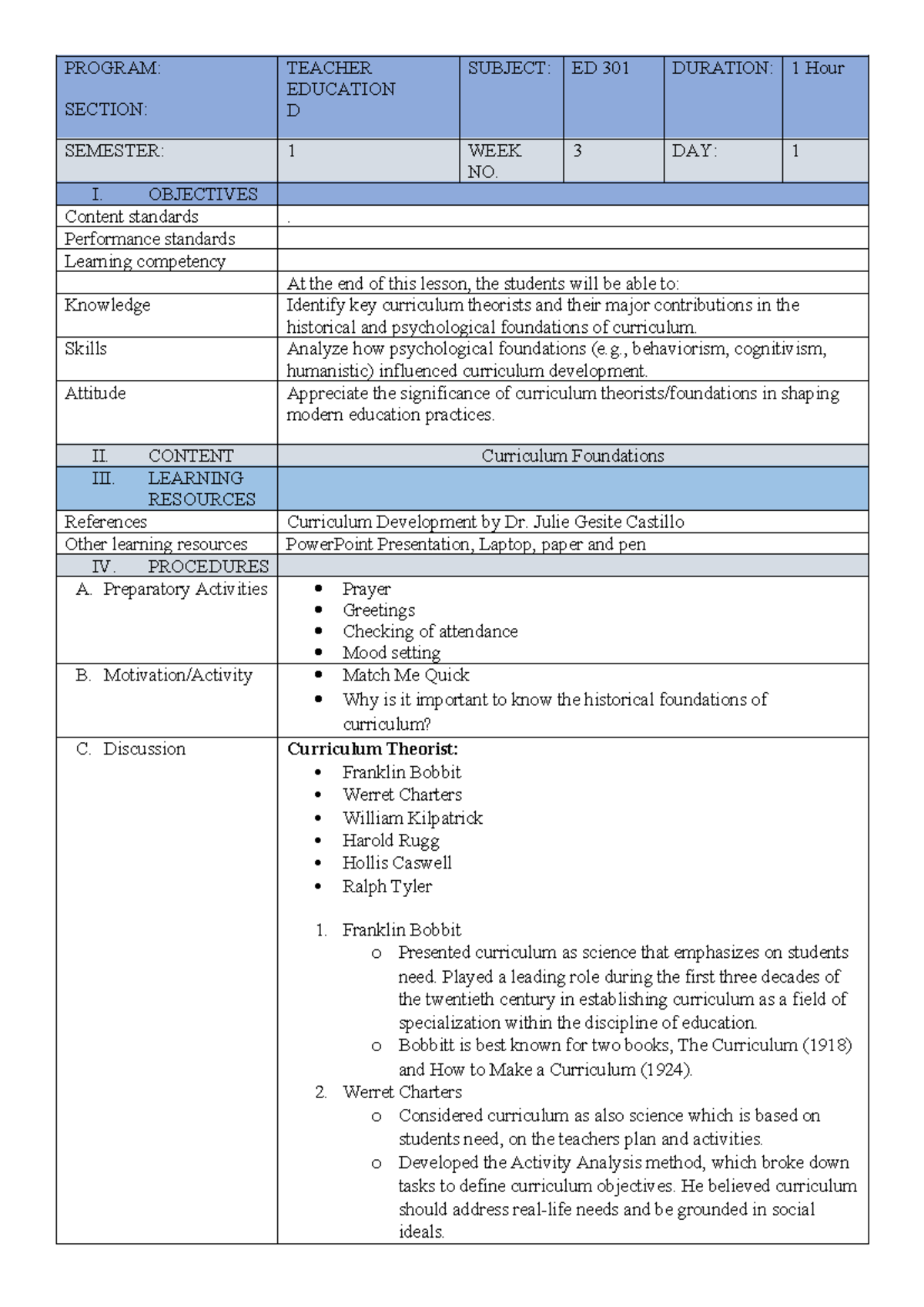 Final Lesson Plan for ED 301: Curriculum Foundations and Theorists ...