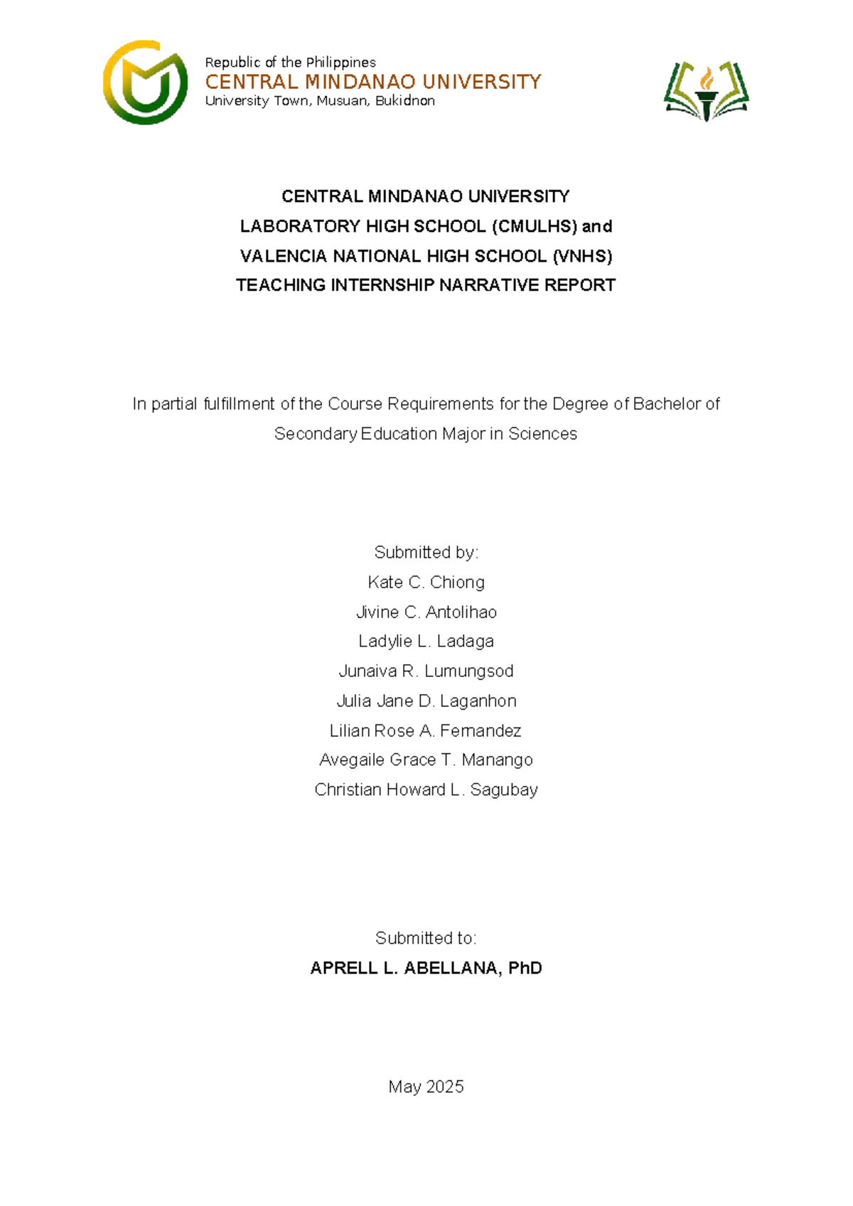Teaching Internship Narrative Report at VNHS (BSEd Science) - Studocu