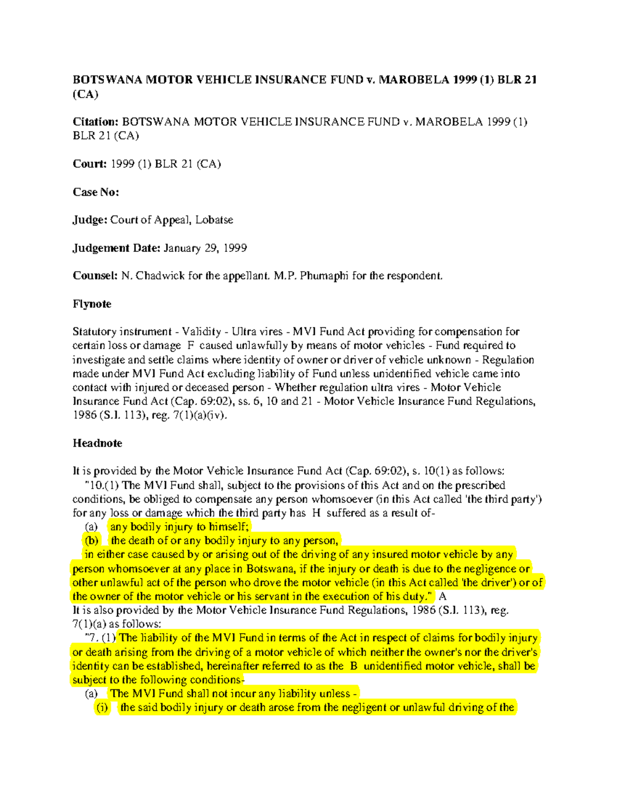 BOTSWANA MVI Fund v MAROBELA: Case Law Analysis (1999 CA) - Studocu