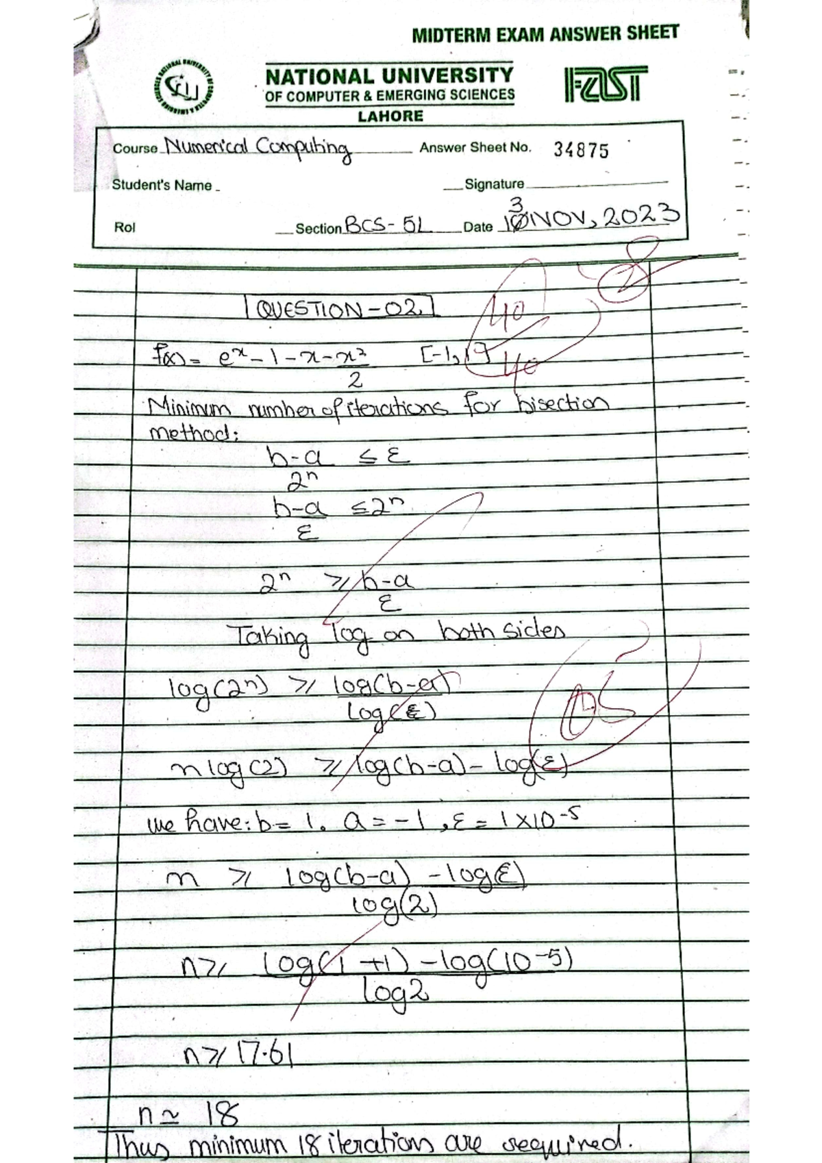 NC Mid2 FALL2023 - MIDTERM EXAM ANSWER SHEET UNIONAL SU NATIONAL ...