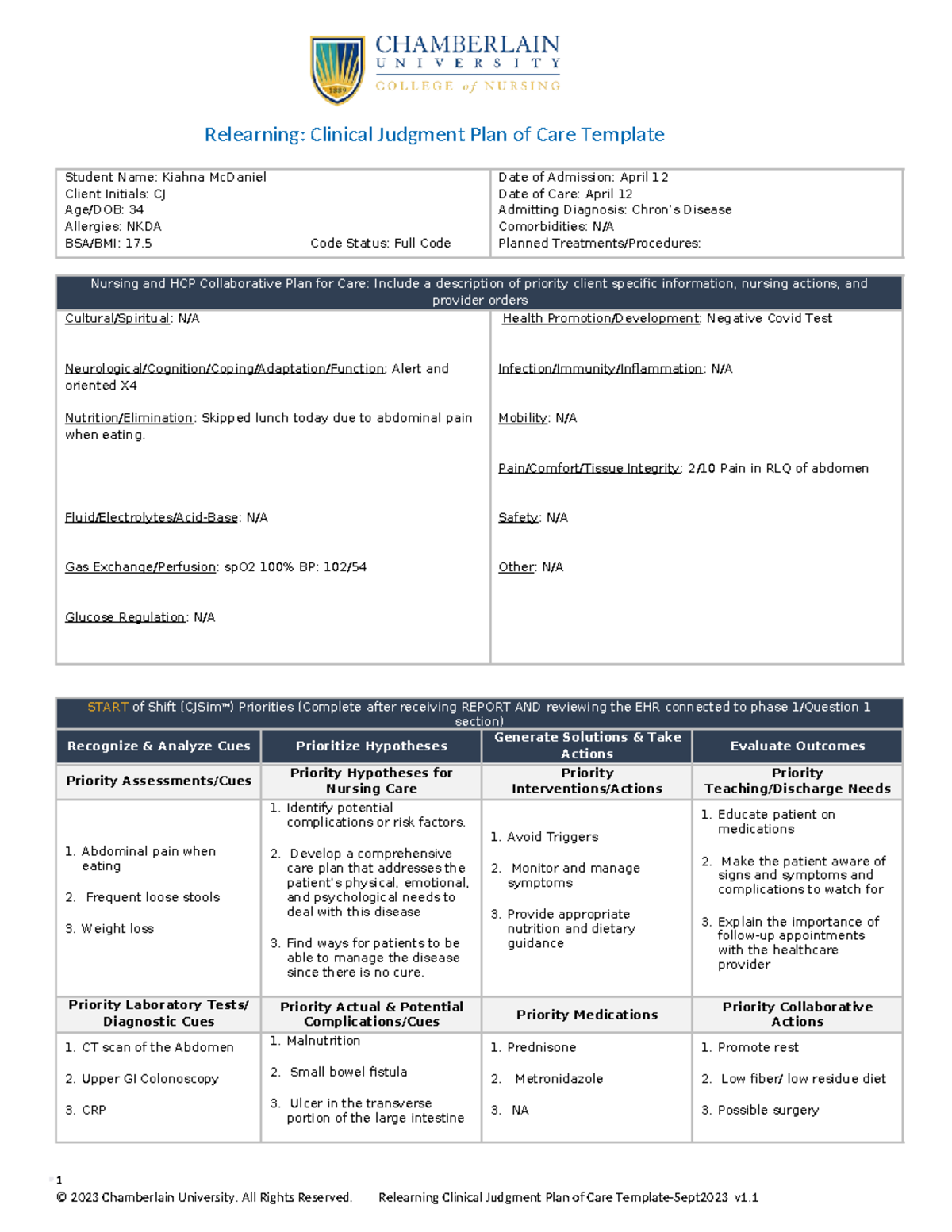 Clinical Judgment Plan of Care for CJ (CJSim™) by Kiahna McDaniel - Studocu