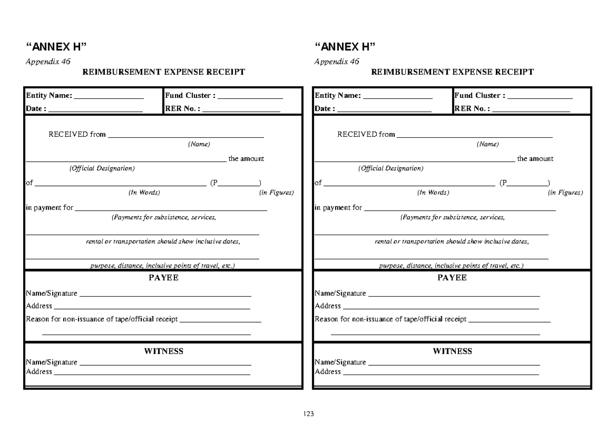 Reimbursement Expense Receipt Form - Annex H Template - Studocu