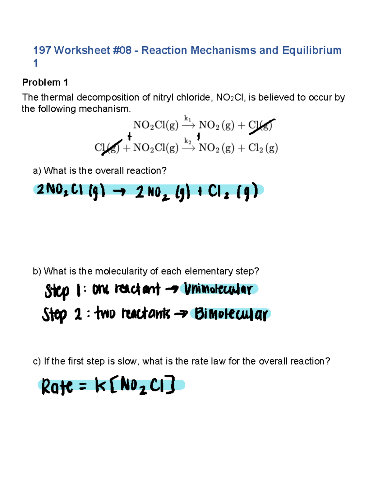 197 Worksheet Unit 2: Reaction Mechanisms & Equilibrium Problems - Studocu