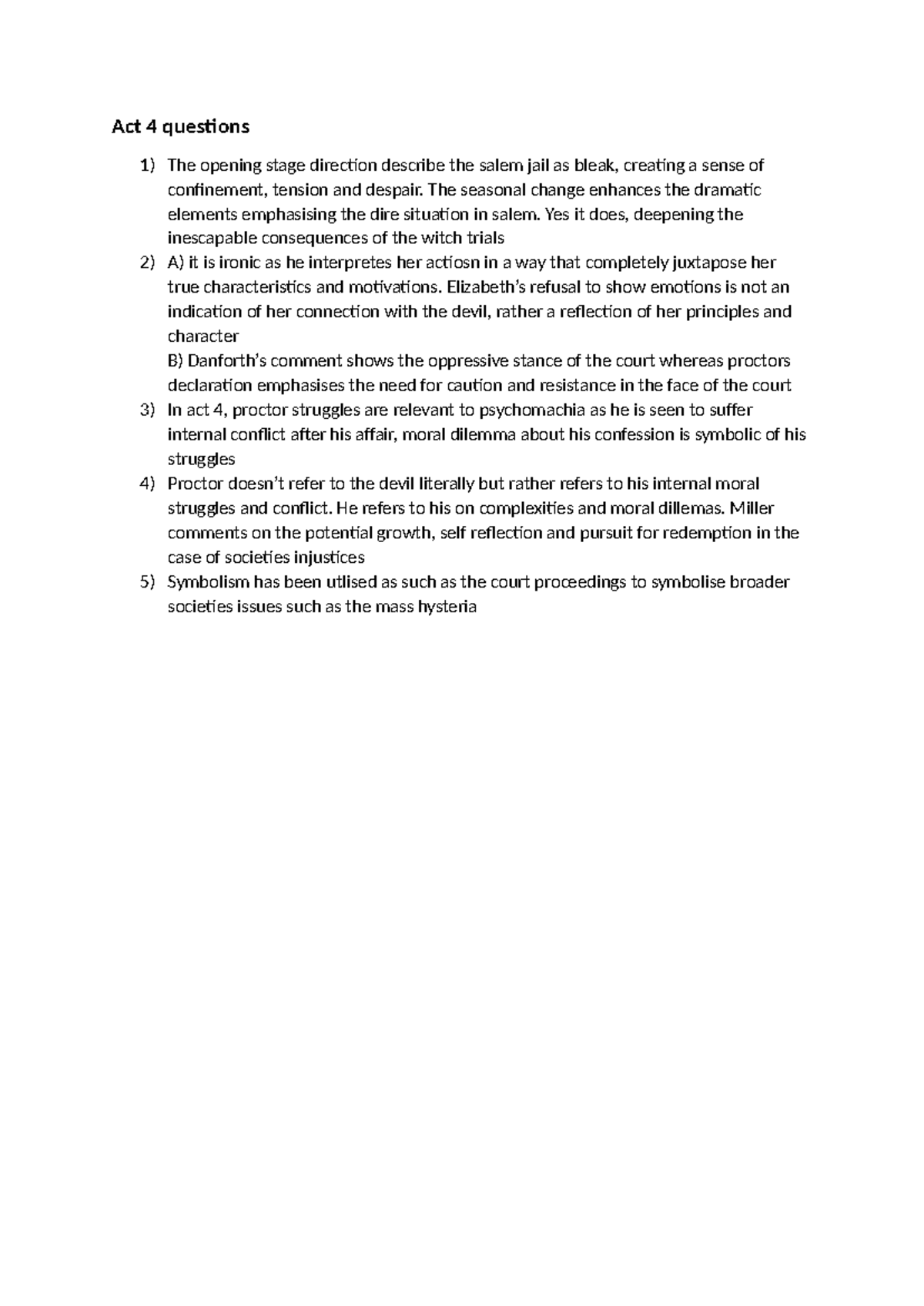 Act 4 Questions - Analysis of Arthur Miller's 'The Crucible' - Studocu