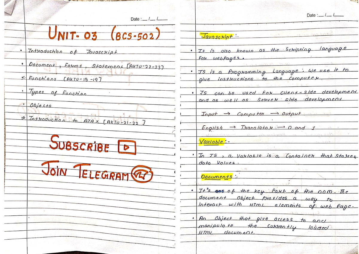 Unit-03 WT nup: Comprehensive Notes on JavaScript and AJAX - Studocu
