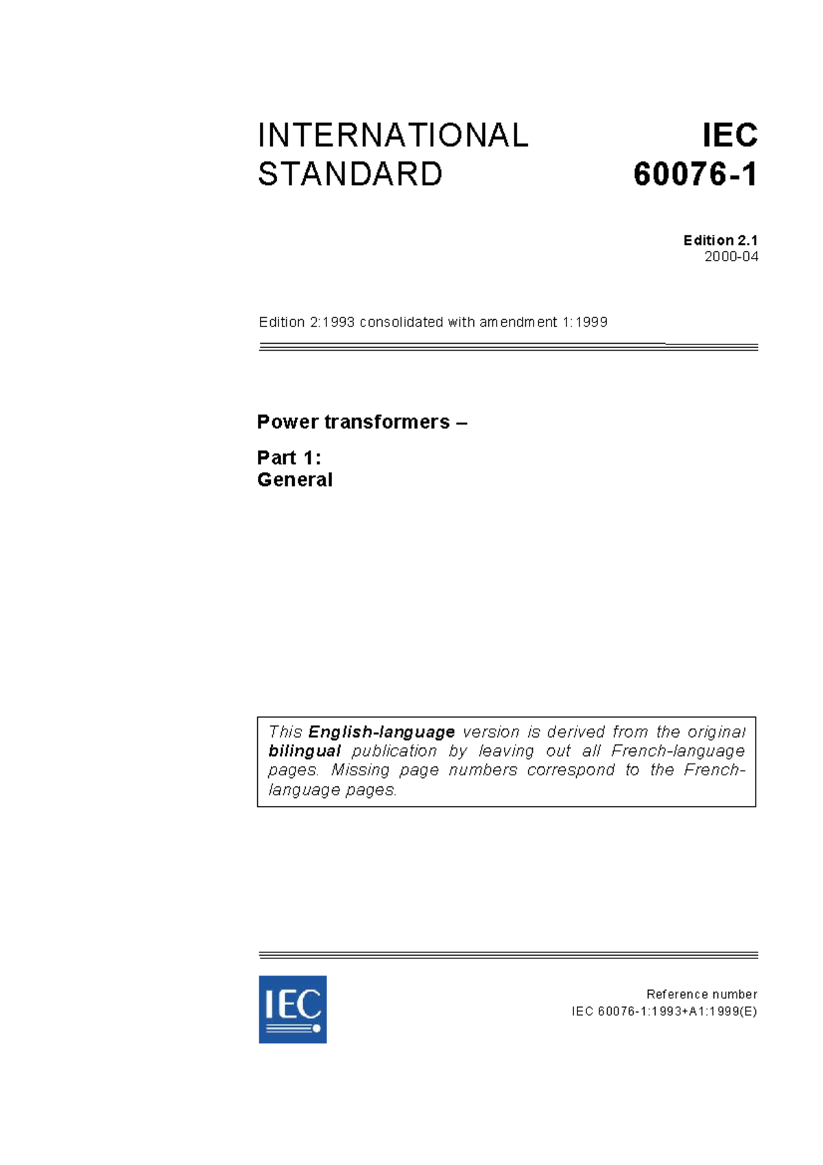 IEC 60076-1:2000 - Power Transformers Part 1: General Overview - Studocu