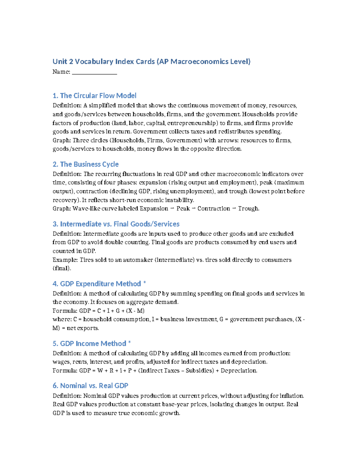 Unit 2 Vocabulary Index Cards (AP Macroeconomics) - Studocu