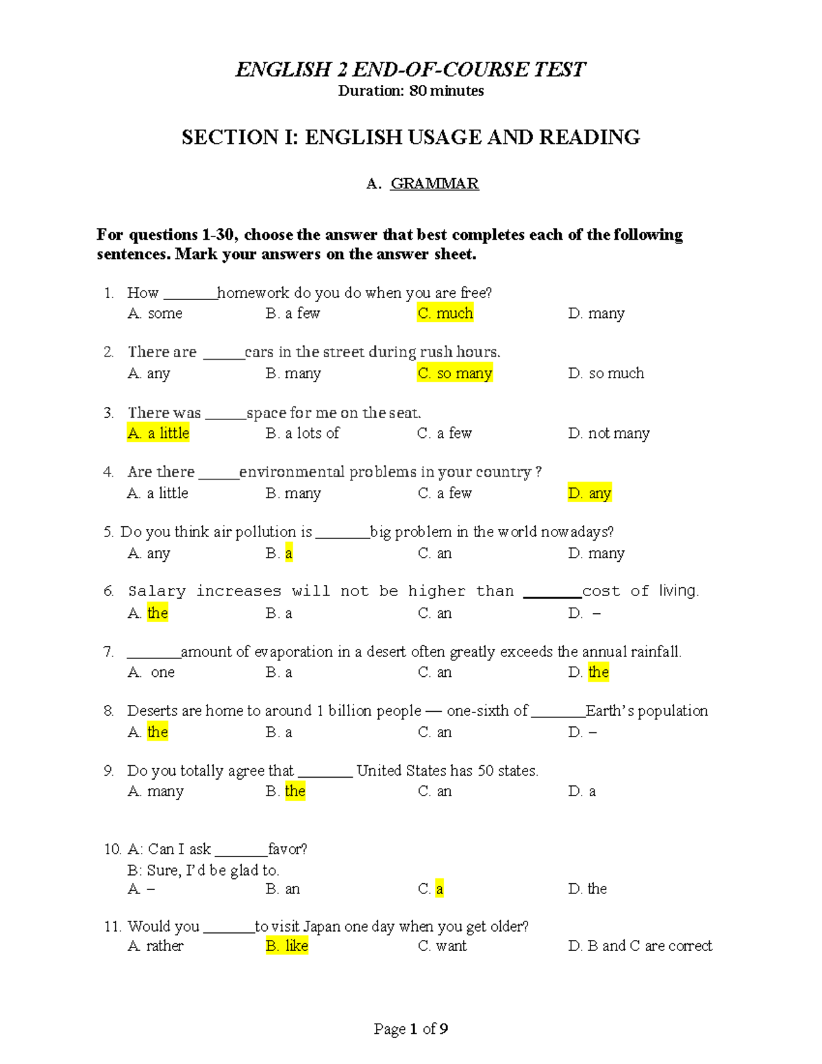 ENGLISH 2 TEST: Grammar and Reading Practice Questions - Studocu