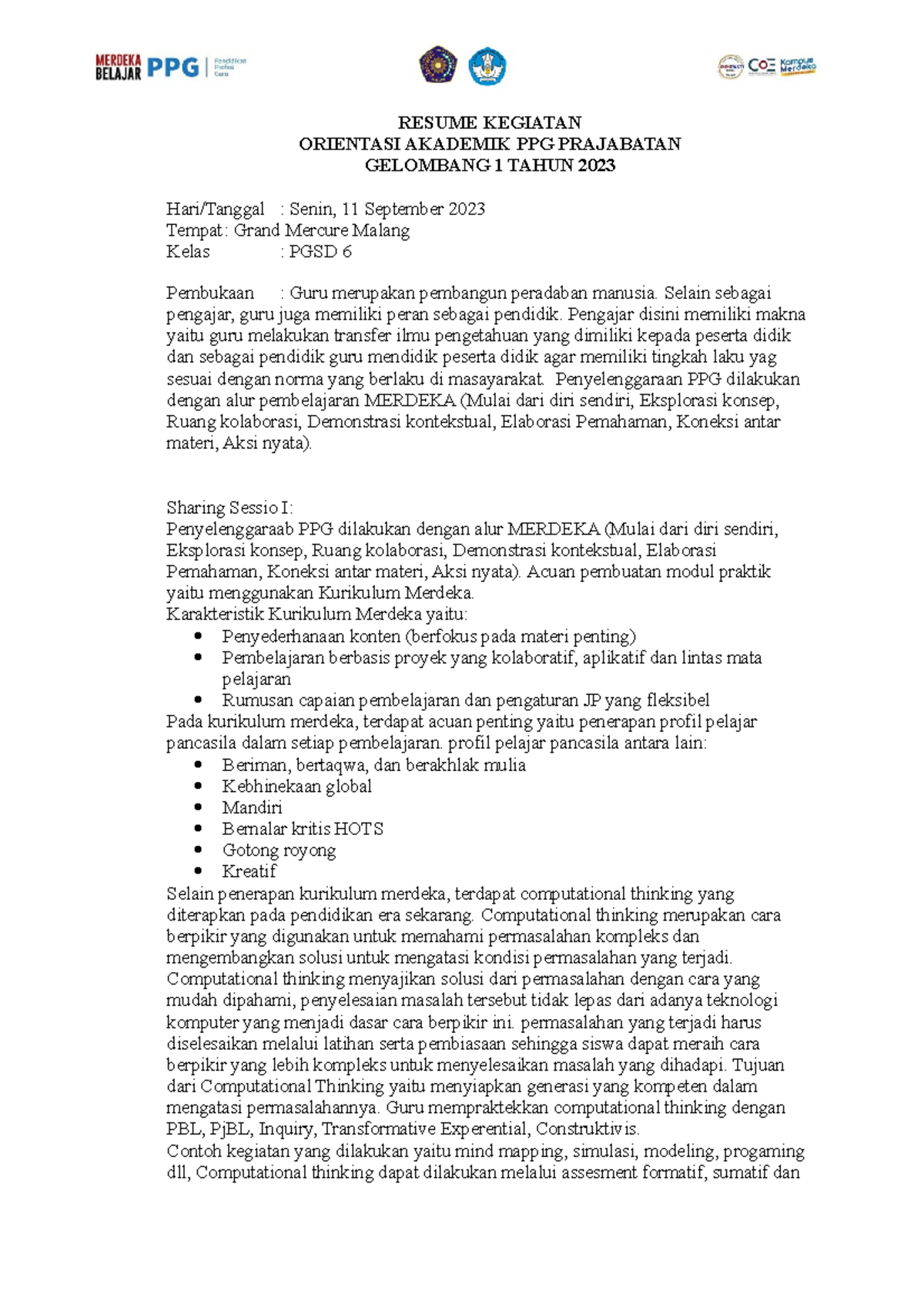 Resume Orientasi Akademik PPG Prajabatan Gel. 1 Tahun 2023 - Studocu